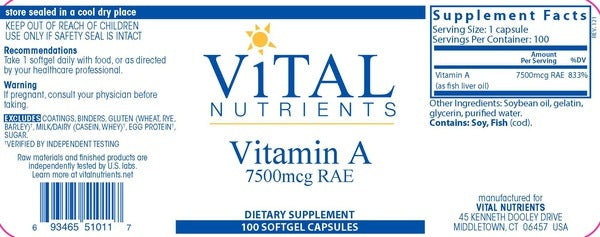 Vitamin A 7500mcg RAE - 100 Softgels - Viital Nutrients